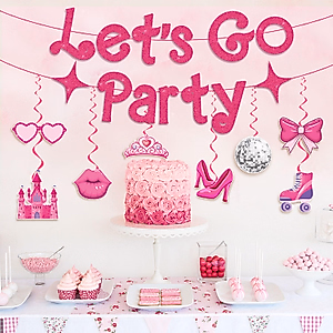 Pink Princess Birthday Hanging Decorations, with 1pcs No Diy Lets Go Party Banner And 8pcs Pink Princess Hanging Swirls, Pink Disco Party Decorations, Pink Bachelorette Party Decorations