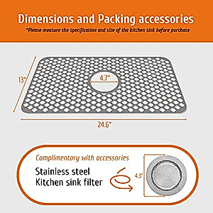 Silicone Sink Protectors for Kitchen, Sink Mat Grid for Bottom of Farmhouse Stainless Steel Porcelain Sink with Center Drain 26''x 14'' (Gray, 26x14in)