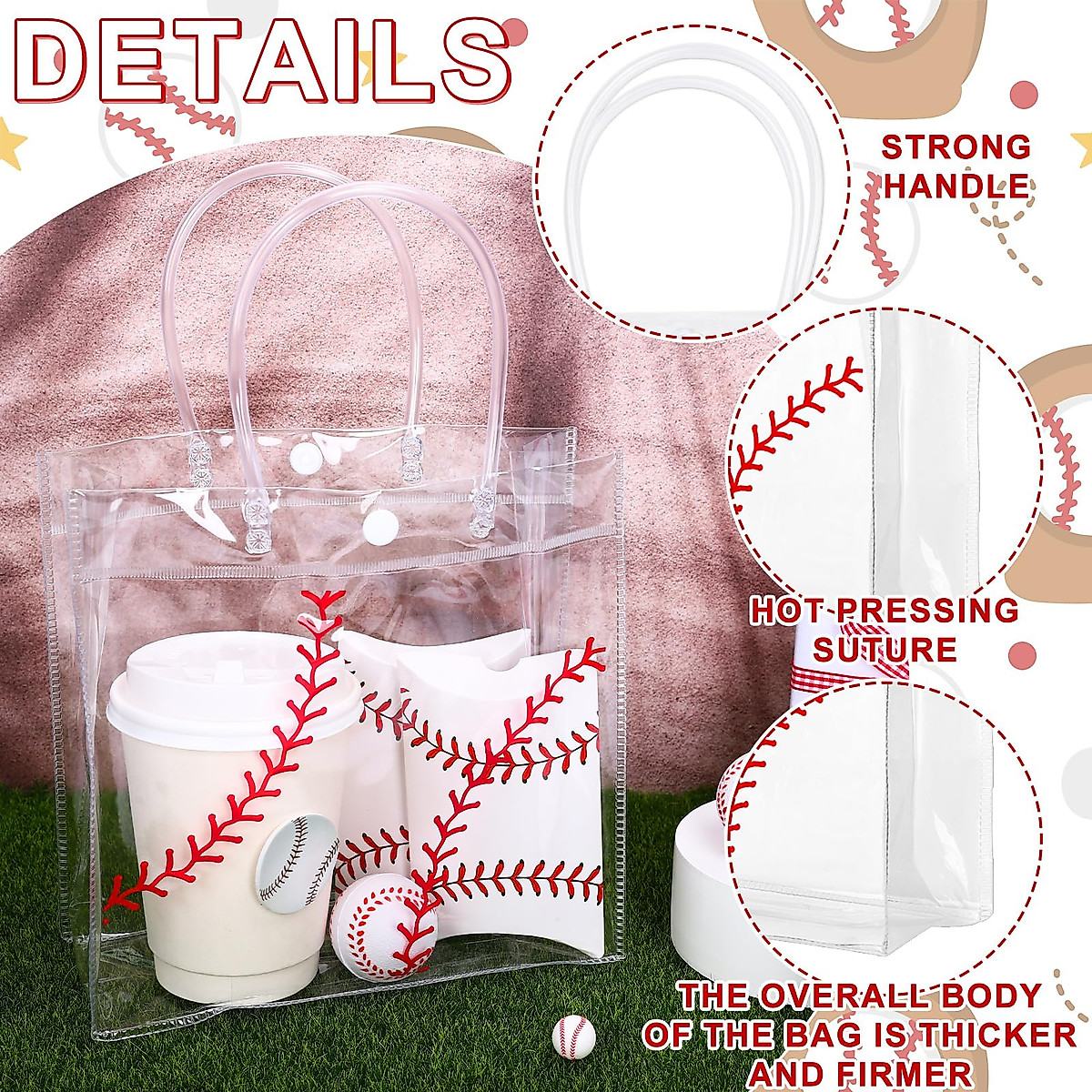 Whaline 12Pcs Baseball Clear PVC Gift Bags Sports Ball Party Favor Bags with Handles Treat Tote Bags for Birthday Holiday Baby Shower, 7.9 x 3.9 x 7.9 Inch