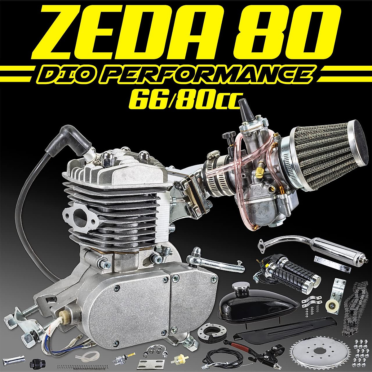 Zeda 80 Performance Bicycle Engine Kit with Dio Reed Valve & OKO Carb - Silver - Motorized Bike (36 Tooth)