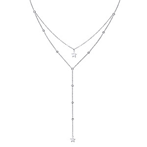 DAOCHONG S925 Sterling Silver Double Chain Bead Star Layered Necklace for Women Christmas Graduation Gift Y2K Jewelry (Layered Star)