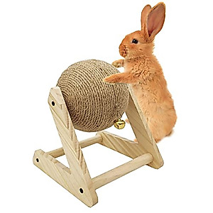 BNOSDM Rabbit Scratch Ball Sisal Bunny Scratching Toy, Wooden Pet Scratcher Stand with Ball for Indoor Rabbits Bunny, Kittens and Small Animals