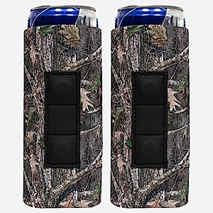 QualityPerfection Magnetic Slim Can Cooler Sleeve, Beer/Energy Magnet Tall 12 oz Skinny size Neoprene 4mm Thickness (2, Camo Forest)