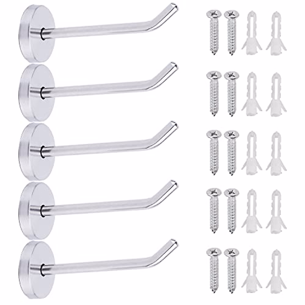 Yinpecly 3.94" Height Stainless Steel Wall Mounted Hook Elephant Nose Hook Robe Hooks Single Towel Hanger with Screws, for Bedroom Bathroom Kitchen Silver Tone 5pcs