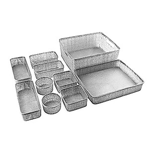 Isaac Jacobs 10-Piece Glitter Plastic Organizer (13.75” x 11.2” x 5.1”) Set w/Cut-Out Handles, Multi-Functional Home Storage, Desk, Office, Bathroom, Bedroom, Closet, Playroom (10-Piece, Silver)