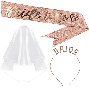 KatchOn, Rose Gold Bride to be Sash Set - Pack of 5 | Bachelorette Sash, Tiara, Veil for Bachelorette Party Decorations | Bachelorette Party Sashes | Bride Tribe Tattoos | Bridal Shower Decorations