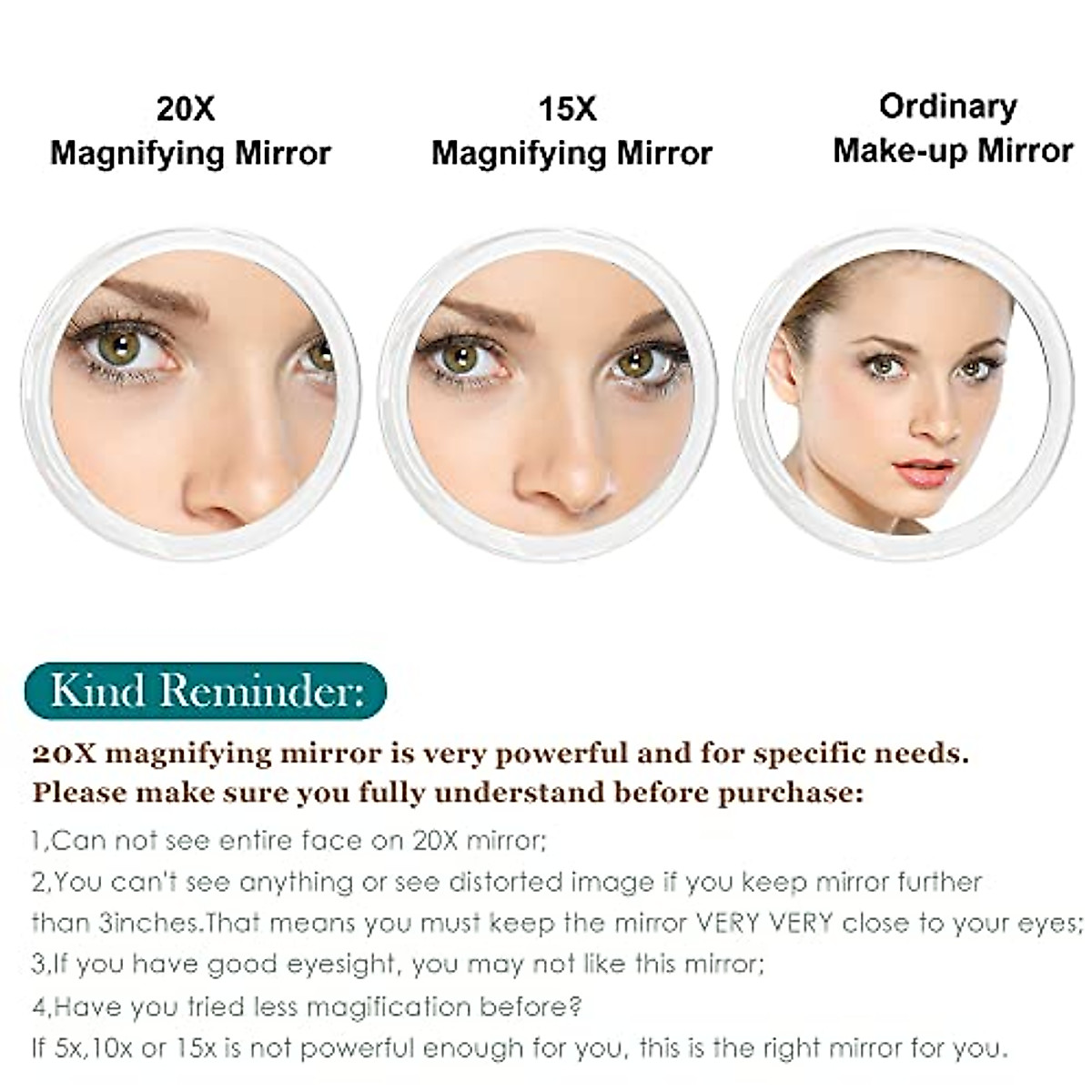 20x Magnifying Mirror with 3 Suction Cups, Use for Makeup Application, Tweezing, and Blackhead/Blemish Removal.Comes with 1PC Storage Bag, 1PC Tweezer, 1PC Reminder Card. 4Inches (Clear)