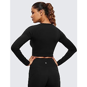 CRZ YOGA Seamless Long Sleeve Shirts for Women Ribbed Workout Tops Athletic Crop Tops Cropped Running Gym Shirts Black Small