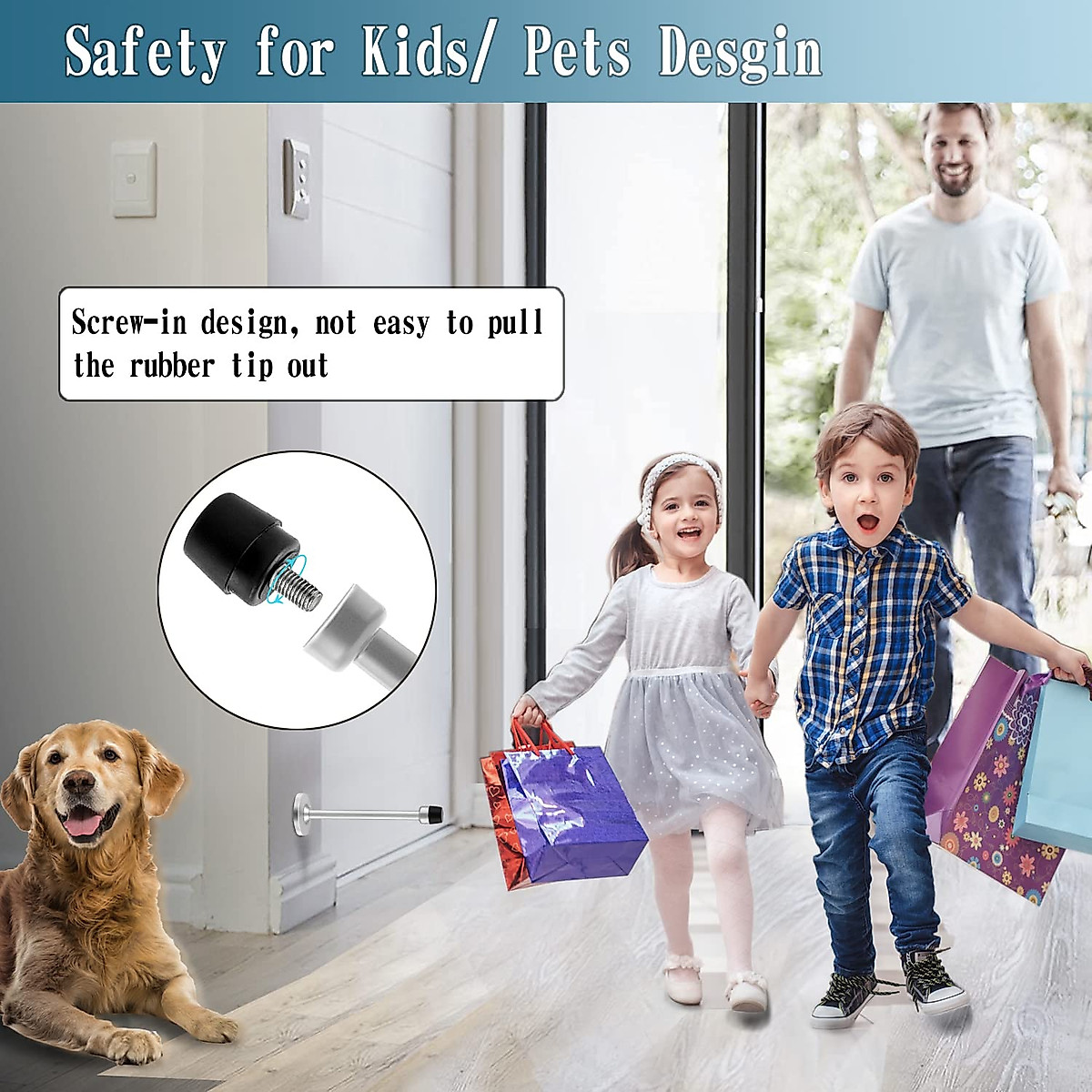 Door Stoppers 6 inch Door Stops Heavy Duty RustProof Stainless Steel Screw-in Door Holder with BabyProof Black Rubber Bumper Tips - Protects Your Walls - Long Door Stop Silver 1 Pack