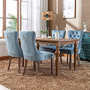 Danxee Dining Chair Tufted Upholstered Armless Chair with Solid Wood Legs Tall Back Set of 2 (Light Blue)