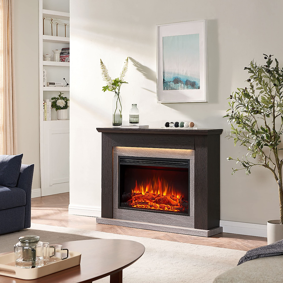 LegendFlame® Harrison Electric Fireplace with 48" Mantel Surround and Jaden 31" Insert, Espresso Oak with Light Grey Marble Finish