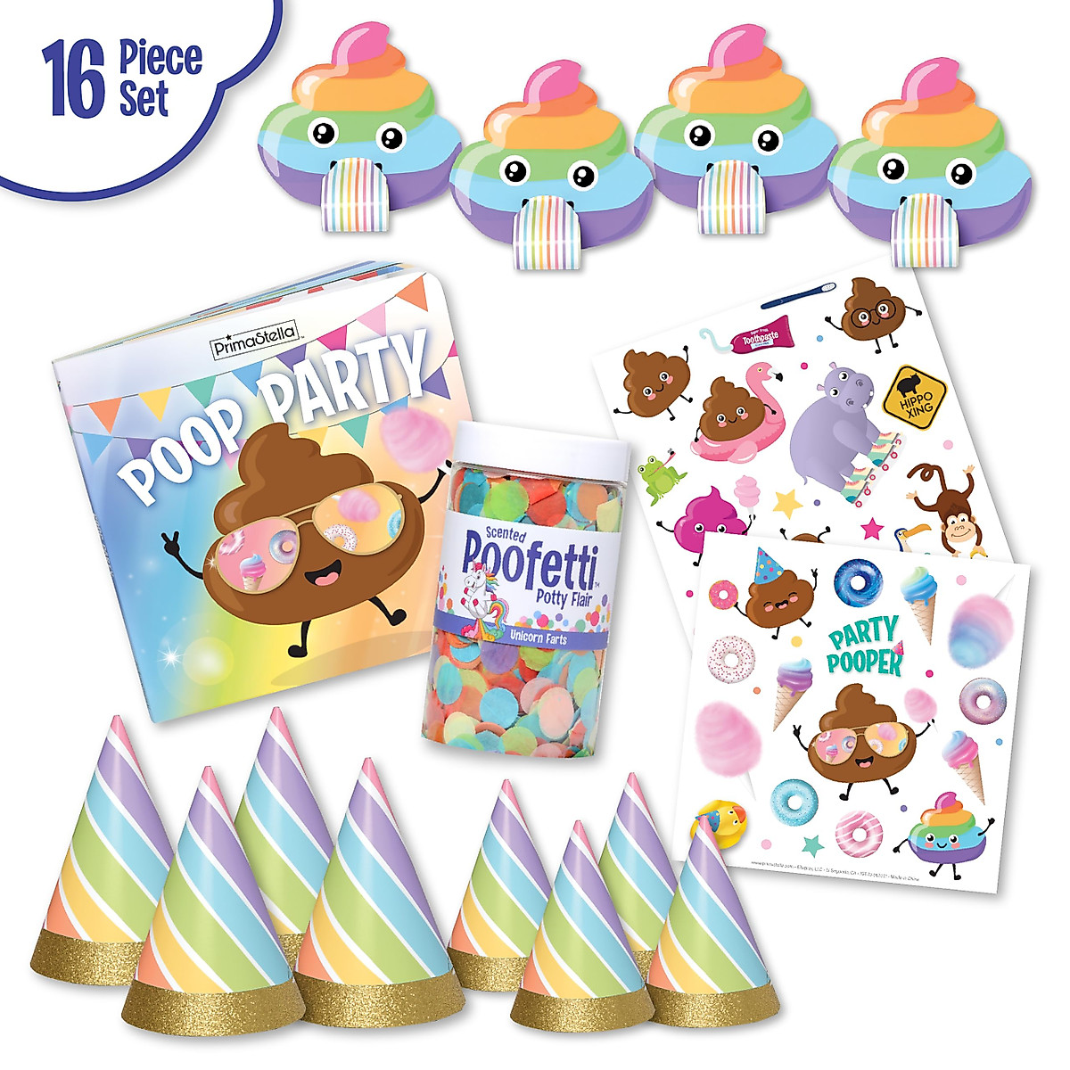 Poop Party Potty Training Kit - Adventure Book and Party Supplies to Help Toddlers Get Excited About Using the Toilet - 16 Piece Set - PrimaStella