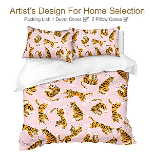 Sleepwish Cute Duvet Cover Cartoon Tigers Pattern Bedding for Kids Teen Girls Boys 3pc Big Cat Animal Bed Set Pink (King)