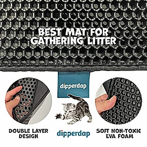 dipperdap Cat Litter Trapping Mat with Handles - Water Proof Material for Easy Cleaning - Dual Layer Honeycomb Design (24 x 30 in, Black)