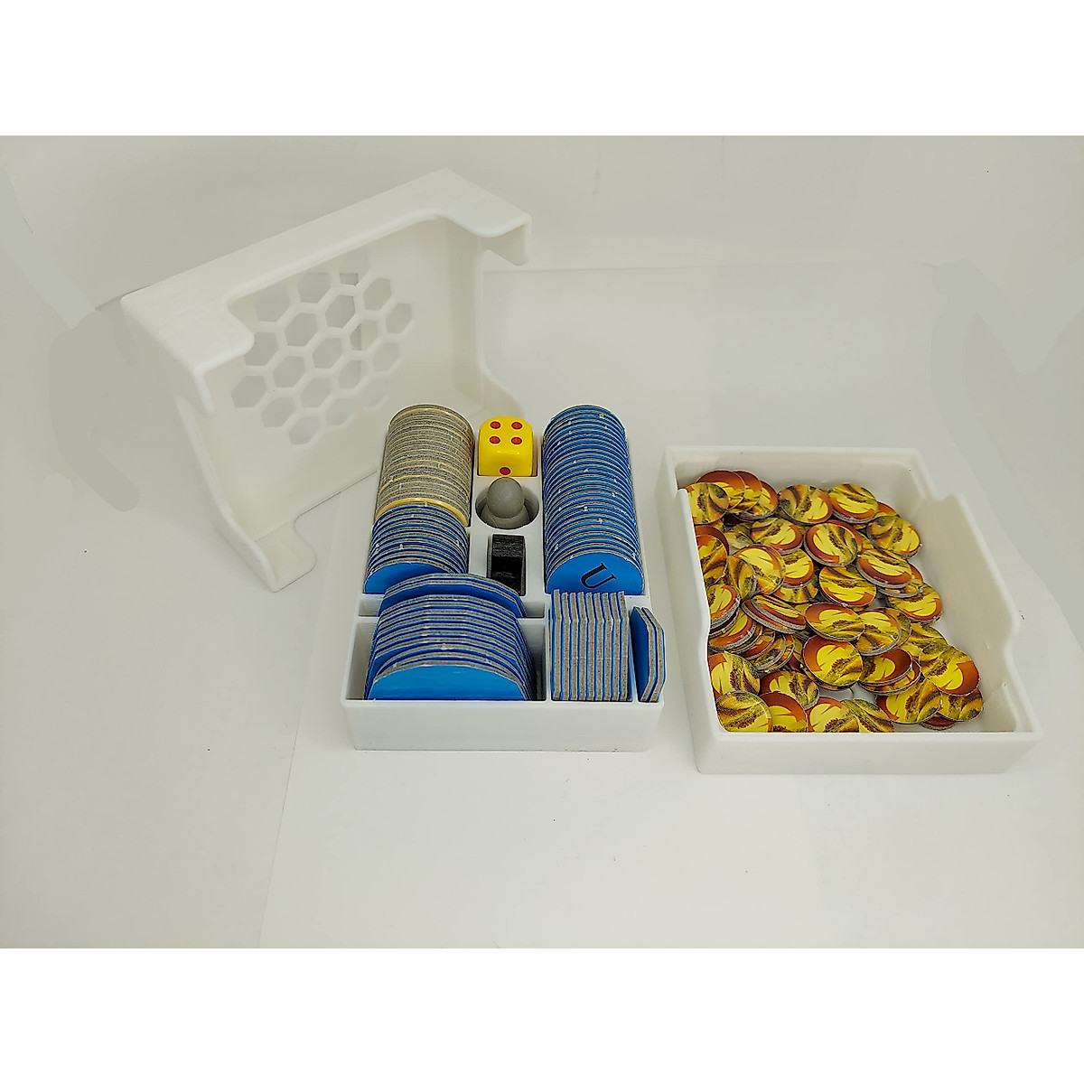 Organizer Insert Compatible with Catan Base Game, Seafarers, and Both 5-6 Player Extensions with Player Trays and Card Holder - White Hexes Holder/Card Tray