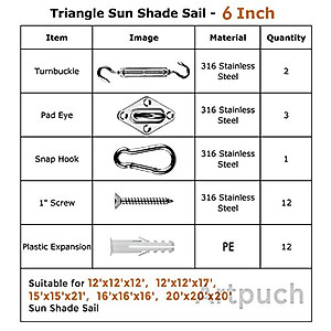 Artpuch Sun Shade Sail Hardware Kit 6 Inch for Triangle Sun Shade Sail Outdoor Installation 304 Stainless Steel