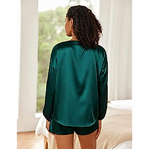 Ekouaer Satin Pajama Set for Women Silk Pajamas Set Satin Pj Set Long Sleeve Top and Shorts Two Piece Sleep Set Silky Sleepwear Lake Green Large