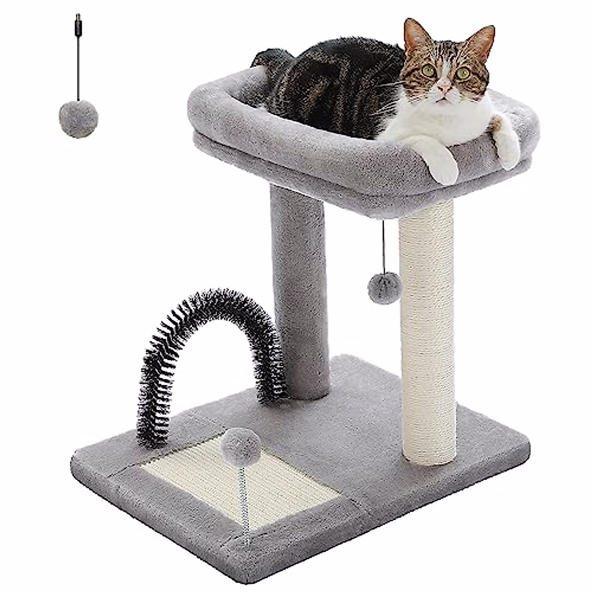 PEQULTI Cat Scratching Post Bed, Cat Scratcher with Sisal Covered Scratching Post and Pad, Self-Grooming Brush for Indoor Kittens and Cats