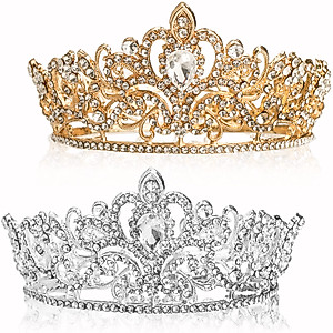 Dicunoy 2 Pack Crowns Tiaras for Little Girls, Vintage Gold Silver Crown Cake Topper, Small Crystal Diamond Princess Crown, Birthday, Prom, Christmas, Halloween Costume Party, Photo Shoot