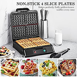 REDMOND Waffle Maker, Nonstick 4 Slice Square Waffle Iron, Compact Classic Stainless Steel Waffle Maker for Family Use Breakfast, 1300W, Black