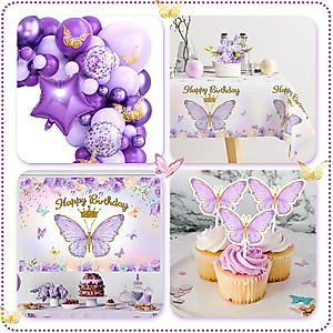 Butterfly Birthday Decorations for Girl,Purple Balloon Arch Kit with Foil Butterfly Balloon,Happy Birthday Backdrop Butterfly Tablecloth Decorations for Girl Birthday Baby Shower Purple Party Supplies