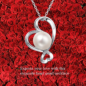 FANCIME June Birthstone Genuine Freshwater Pearl Heart Necklace 9-10mm Sterling Silver Single Pearl Pendant Cultured Pearl Gifts Fine Jewelry for Women 16”+2” Extender