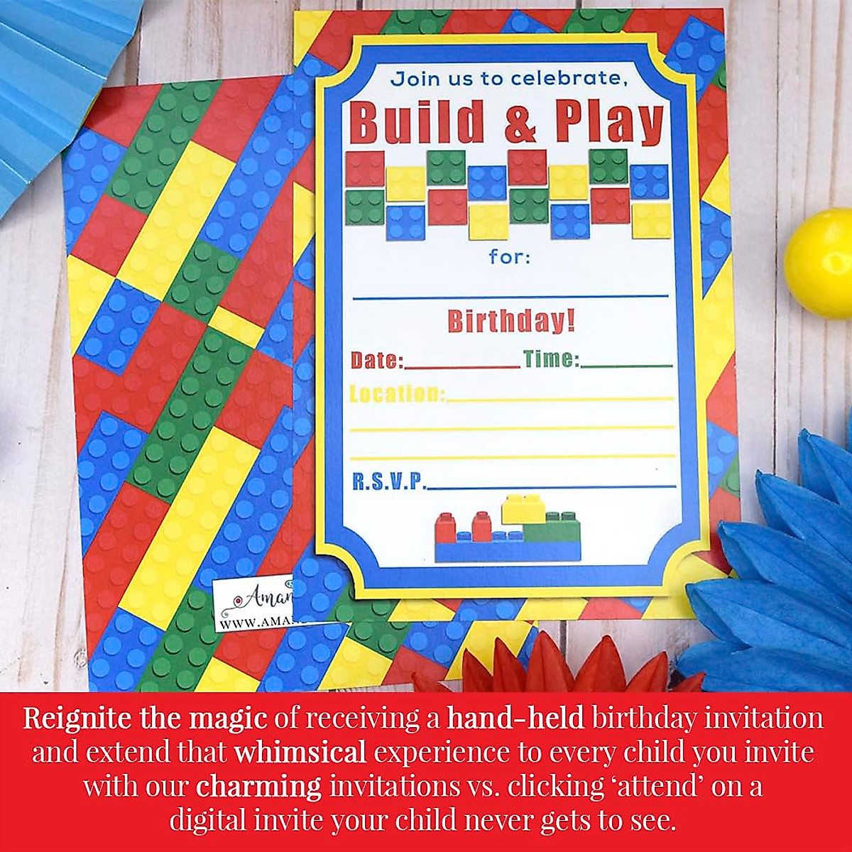 Building Blocks Birthday Party Invitations, 20 5x7 Fill In Cards with Twenty White Envelopes by AmandaCreation