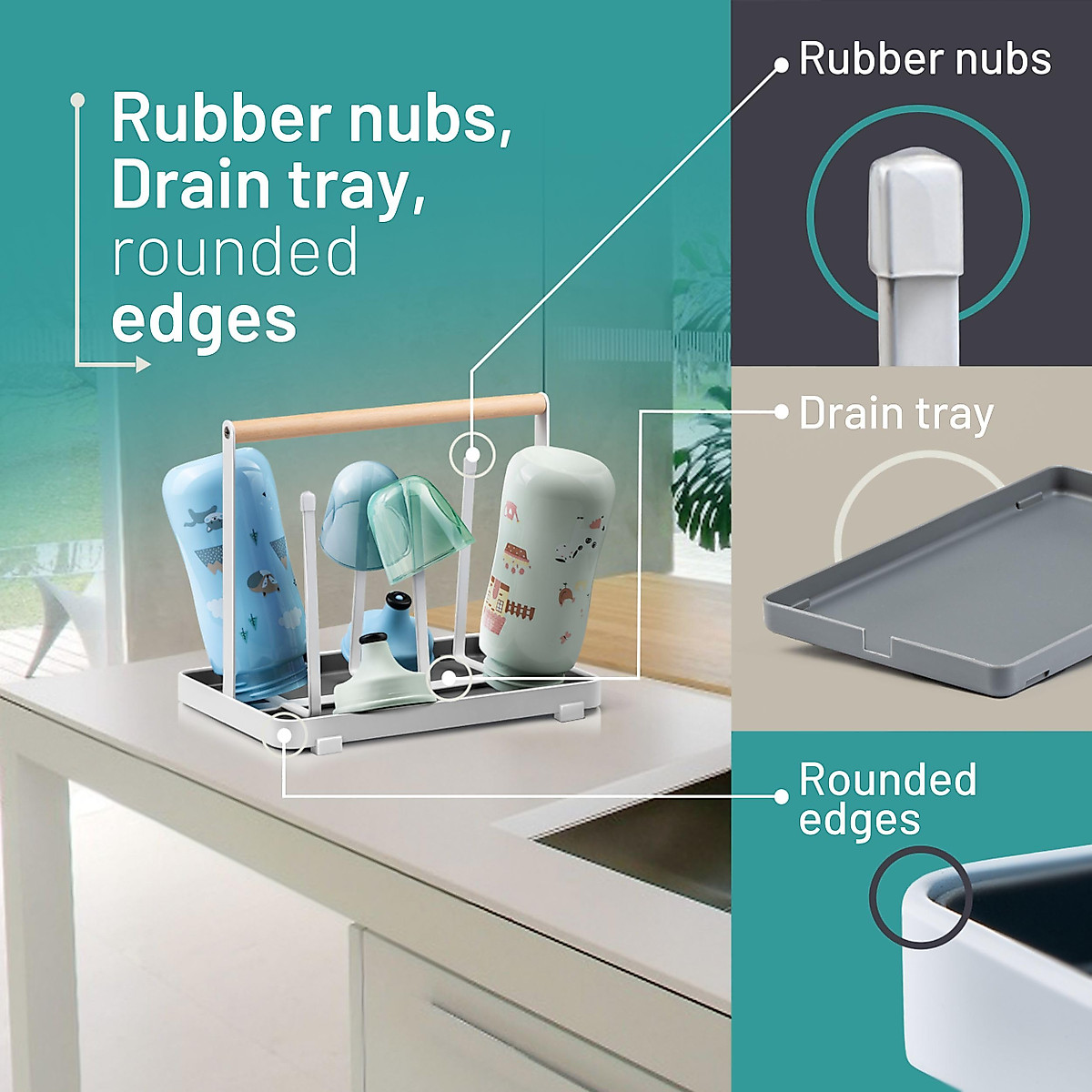 D&D Living All-in-One Bottle Holder for SodaStream - Drying Rack for Bottles of All Kinds: Duo, Crystal, Easy, Drinking and Baby Bottles - Universal Drying Stand (Metal, White)