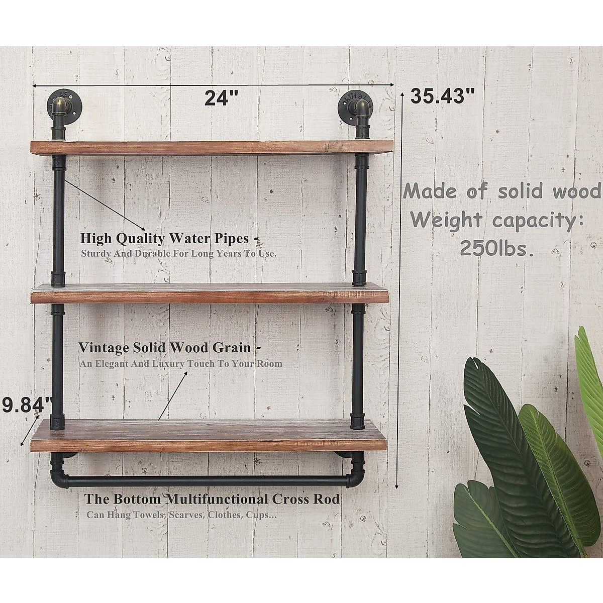 DOFURNILIM Industrial Retro Wall Mounted Iron Water Pipe Shelf - Hung Bracket - DIY Storage Shelving Bookshelf - Wood Shelf (Floating shelves-24“W)