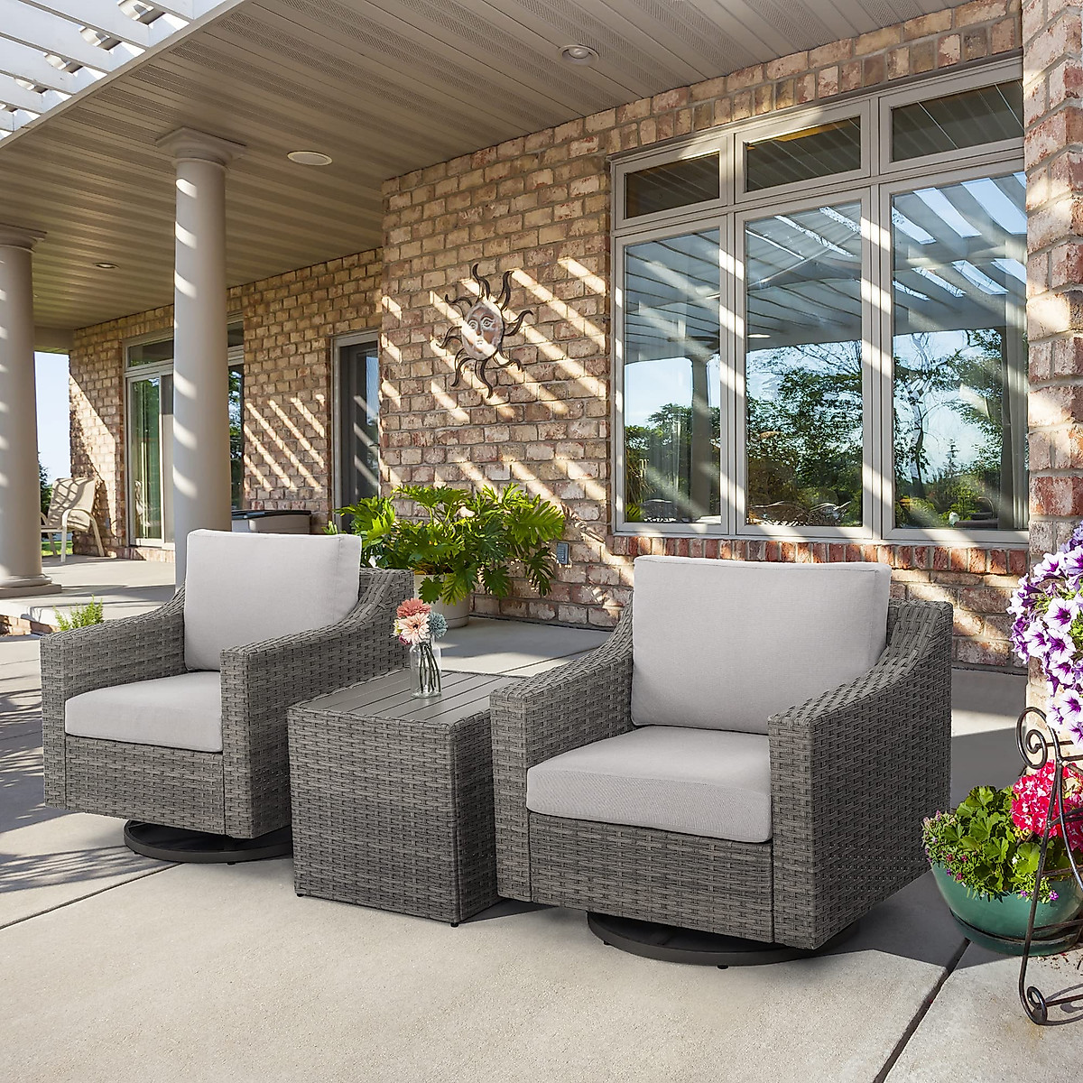 HAPPATIO Patio Chairs Set of 2, 360-Degree Swivel Outdoor Chairs, 3 Piece Wicker Patio Bistro Set with Comfortable Cushions and Sturdy Rattan Table for Yard, Porch, Balcony(Grey)