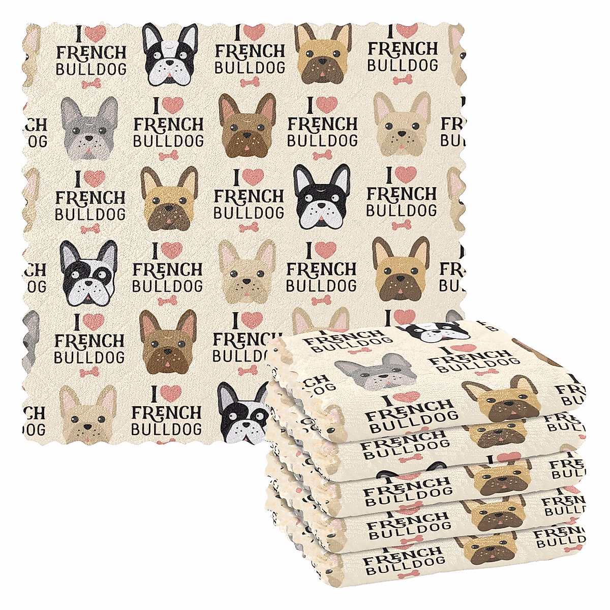 JIPONI 6 Pack Kitchen Dishcloth, Cute French Bulldog Absorbent Dish Towels Reusable Soft Cleaning Cloths 11 x 11 inch