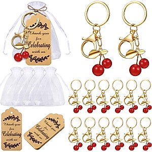 Ecation 61 Pcs Keychain Party Favor 20 Set Keychain Tag Organza Bag for Wedding Party Gift (Cherry)