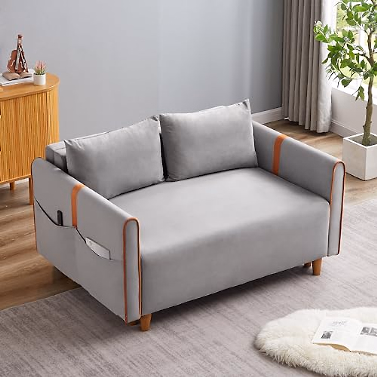 Hombay Velvet Convertible Sleeper Sofa Bed, Pull-Out Folding Couch Loveseat with Storage and Pillows for Living Room Bedroom Office (Gray)