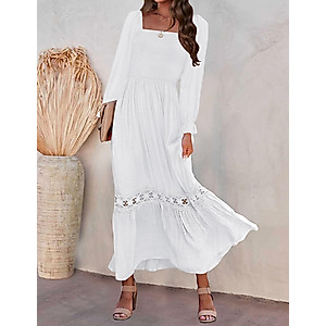 ZESICA Women's 2024 Boho Long Sleeve Square Neck Smocked High Waist Flowy A Line Lace Trim Maxi Dress White