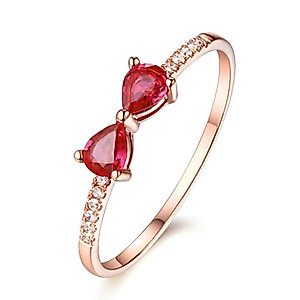 KnBoB Women Bow-Knot Heart Shape 0.4ct Ruby Ring 18K Rose Gold Promise Wedding Engagement Bridal Anniversary Ring Size 11