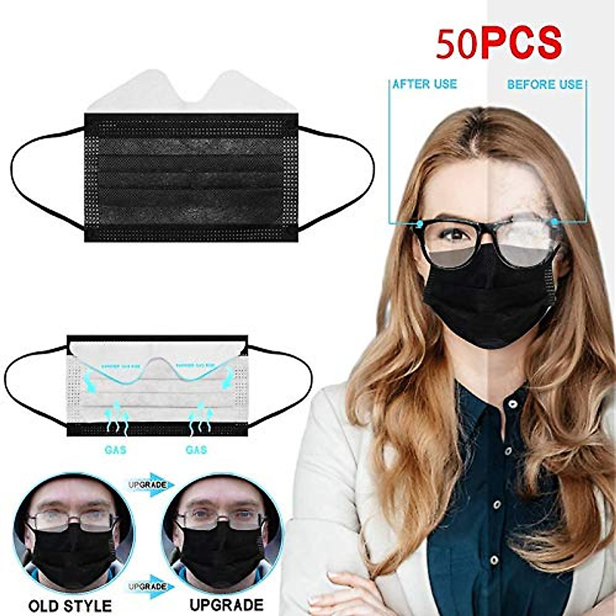 50Pcs Anti-fog Disposable Face_Mask for Glasses Wearers, 3-ply Protective Breathable Face_Masks with Nose Wire, Prevent Fogging Facemasks for Adults