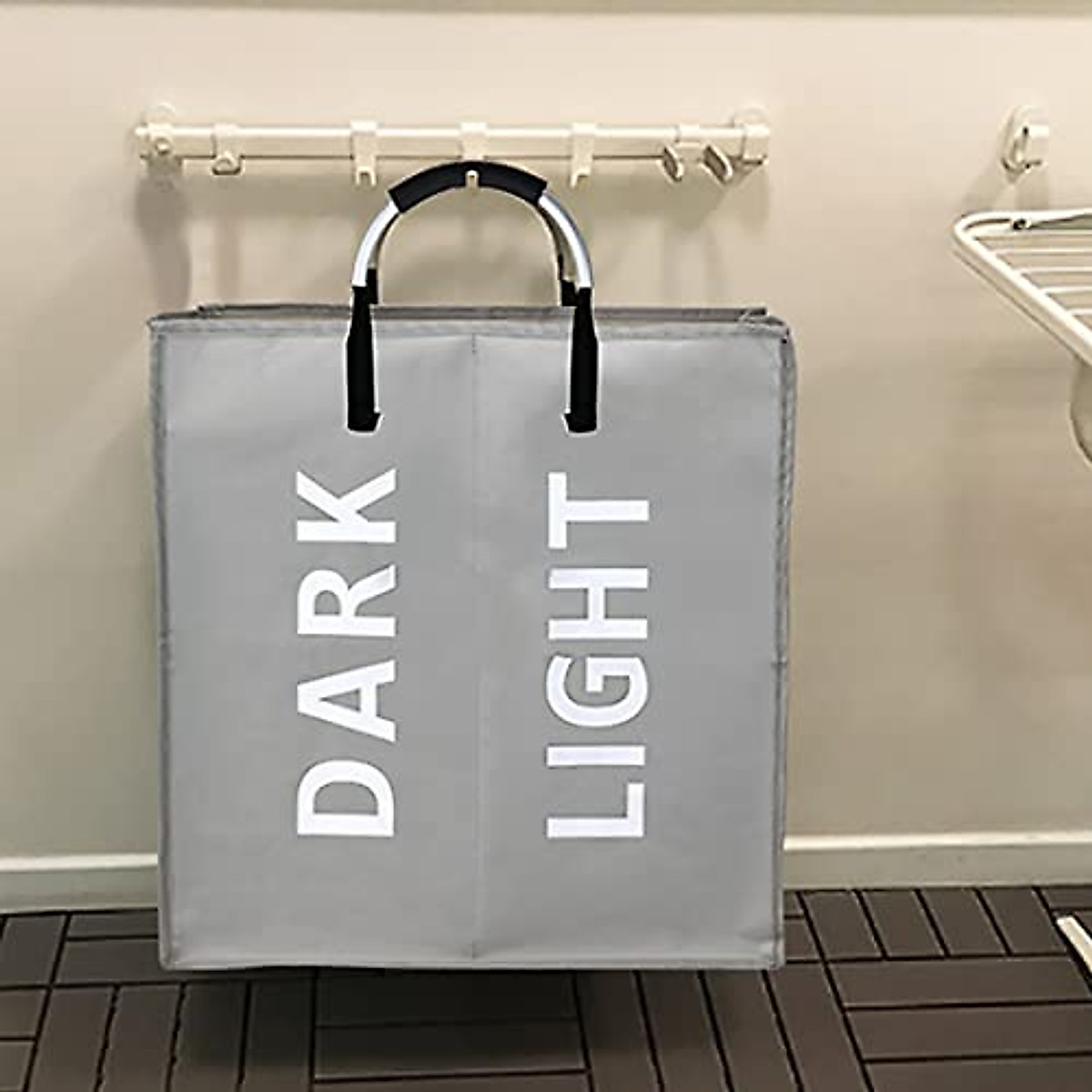 Hampers for Laundry 2 Compartment, Narrow Laundry Basket with Handle, Hampers for Clothes,Baby Laundry Separator Hamper,Foldable Hamper with Divider Hamper for Dorm Room, Grey