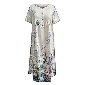 Cream Dress for Women, Spring Dresses Green Holiday Dress Women Sun Dress Maxi Women’S Casual O-Neck Short-Sleeve Button Loose Summer 2022 Dress Women's Crewneck Short Sleeve (L, White)