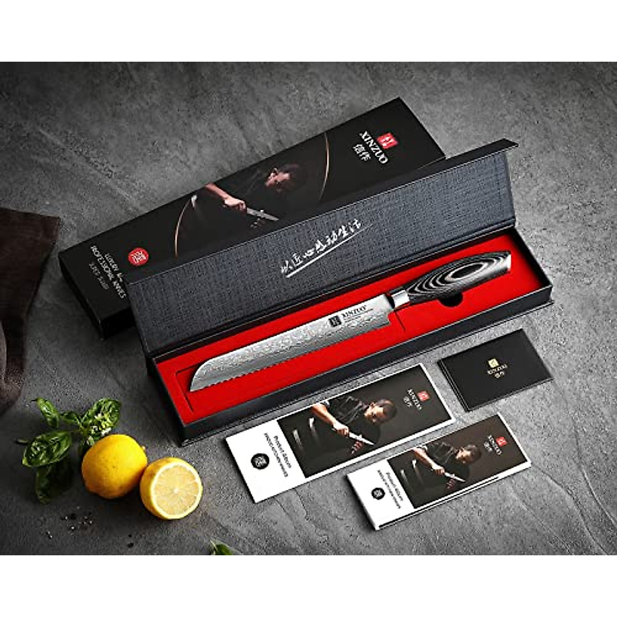 XINZUO 8 Inch Bread Knife High Carbon 67 Layer Japanese VG10 Damascus Super Steel Kitchen Knife Professional Chef's Knife with Pakkawood Handle - Ya Series