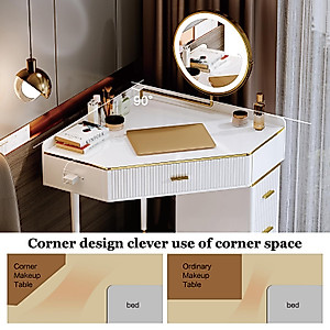 Makeup Vanity Desk with Mirror and Lights, Modern White Corner Vanity Desk, Large Size Corner Vanity Desk, Vanity Table with 4 Drawers, With Power Strip and Nightstand,Writing Desk, White Vanity