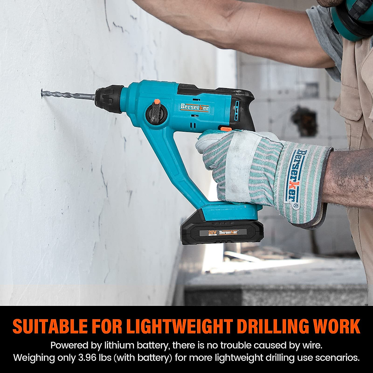 Berserker 20V Cordless 11/16" SDS-Plus Rotary Hammer Drill with 2.0Ah Lithium-Ion Battery Operated and Fast Charger, 2 Functions Variable Speed Sub-Compact Rotomartillo-Including 3 Drill Bits