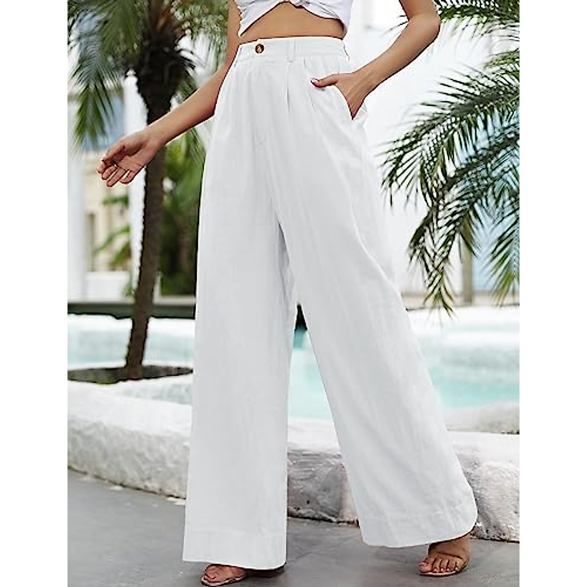 Kocowoo Linen Wide Leg Dress Pants for Women High Waisted Palazzo Pants Casual Lounge Beach Trousers with Pocket. White