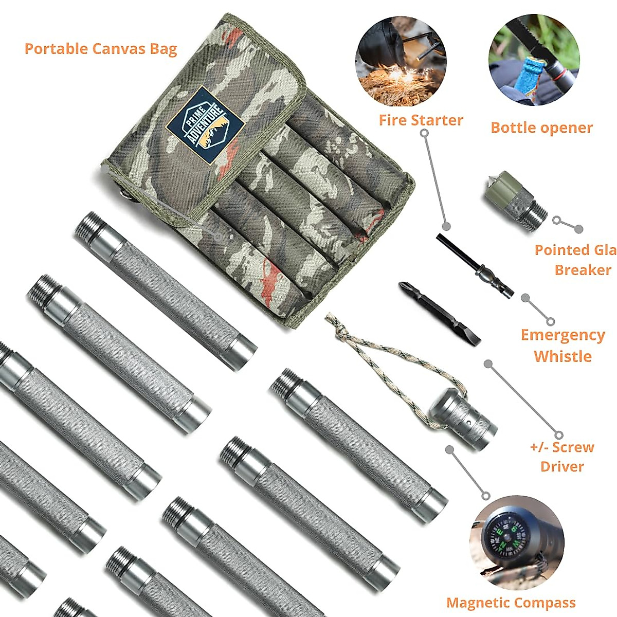 Prime Adventure Hiking Stick Walking Staff - Outdoor Multitool Tactical Gear Trekking Pole Collapsible Retractable Premium 15 in 1 | 8 Tubes