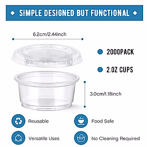 Mumufy 2000 Sets Plastic Portion Cups with Lids Bulk Small Clear Plastic Containers Stackable Souffle Condiment Cups Airtight Mini Food Storage for Dipping Sauce Salad Dressings Party (2.0 oz)