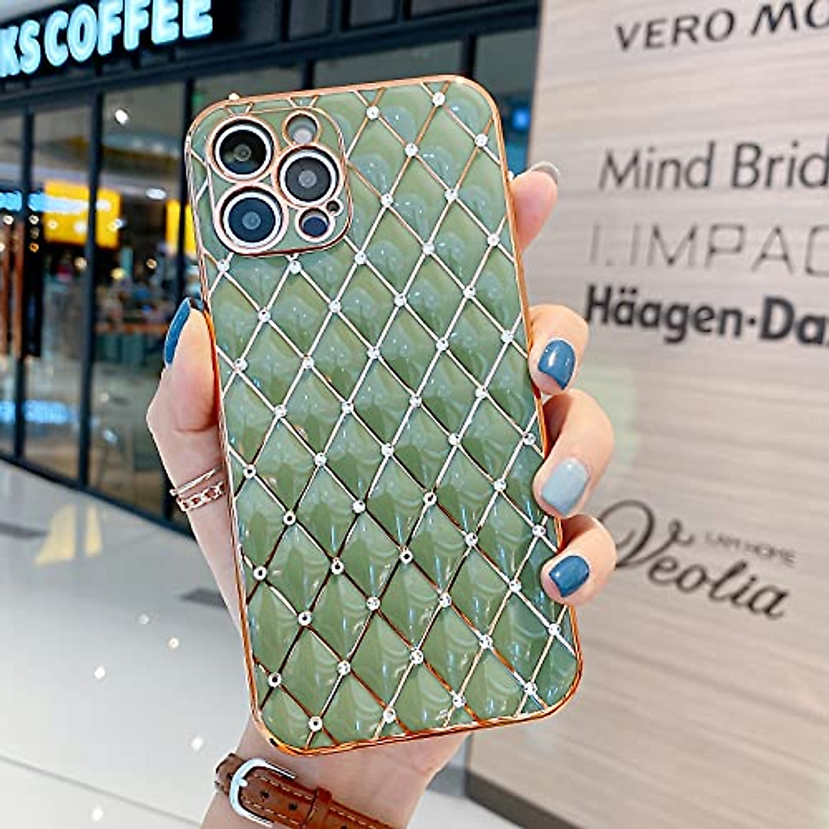 BOGUT Compatible with iPhone 12 Pro Max Case for Women Girls, Glittering Luxury Gold Line Design, Lattice Pattern with Diamond Plating, Shockproof Soft Silicone Cover (6.7")-Green