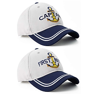 Captain Hat & First Mate | Matching Skipper Boating Baseball Caps | Nautical Marine Sailor Navy Hats