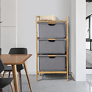 Fabric Laundry Basket 3-Tier Clothes Hamper Bins Bamboo Free-standing Laundry Storage Organizer Bags with Handle and Desktop for Living Room Bedroom Bathroom Closets