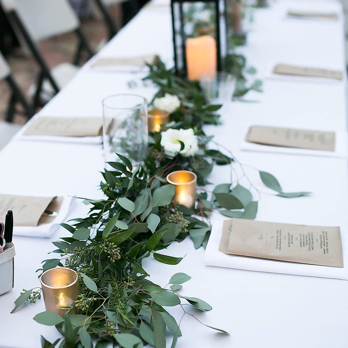 ROXXY GREEN DECOR - Artificial Eucalyptus Garland (7pcs 42Ft) - Greenery Bulk Vines Faux Silver Dollar Eucalyptus Leaves Strands for Wedding, Party, Garden, Home and Wall Decoration