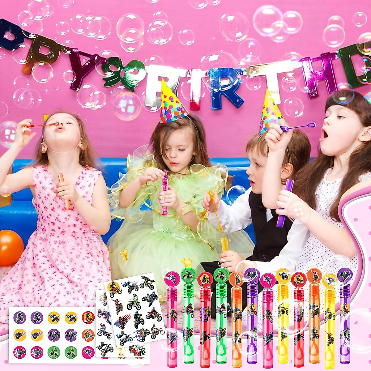 24PCS Dirt Bike DIY Bubble Wands Party Favors 96PCS Stickers for Goodie Bag Fillers Pinata Stuffers, Mini Bubble Bulk Birthday Party Supplies Toys Gifts Class Prizes for Toddlers Boys Girls