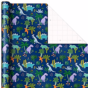 Hallmark Kids Birthday Wrapping Paper (3 Rolls: 75 sq. ft. ttl) Pink Rainbows, Blue Dinosaurs, Yellow "Happy Birthday"